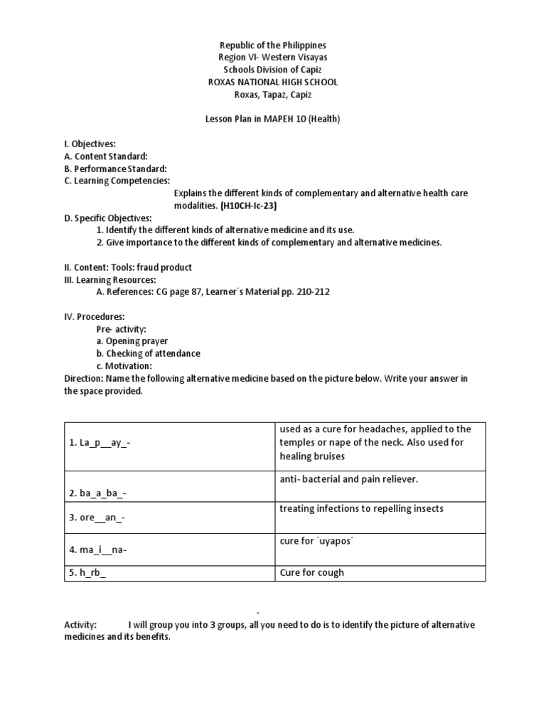 Lesson Plan in Mapeh Health | PDF | Alternative Medicine | Lesson Plan