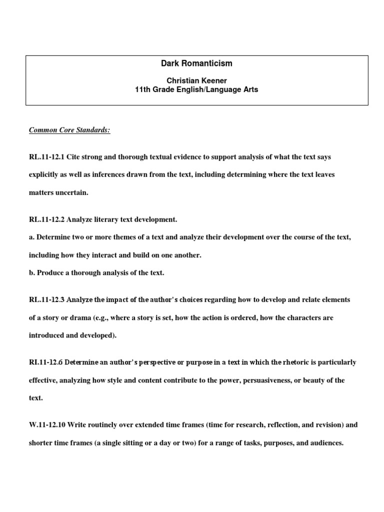 Lesson Plan-Dark Romanticism | PDF | Homework | Cognition