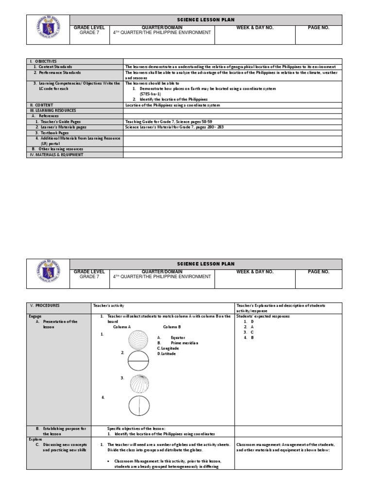 Lesson Plan In Earth Sci Pdf Longitude Latitude