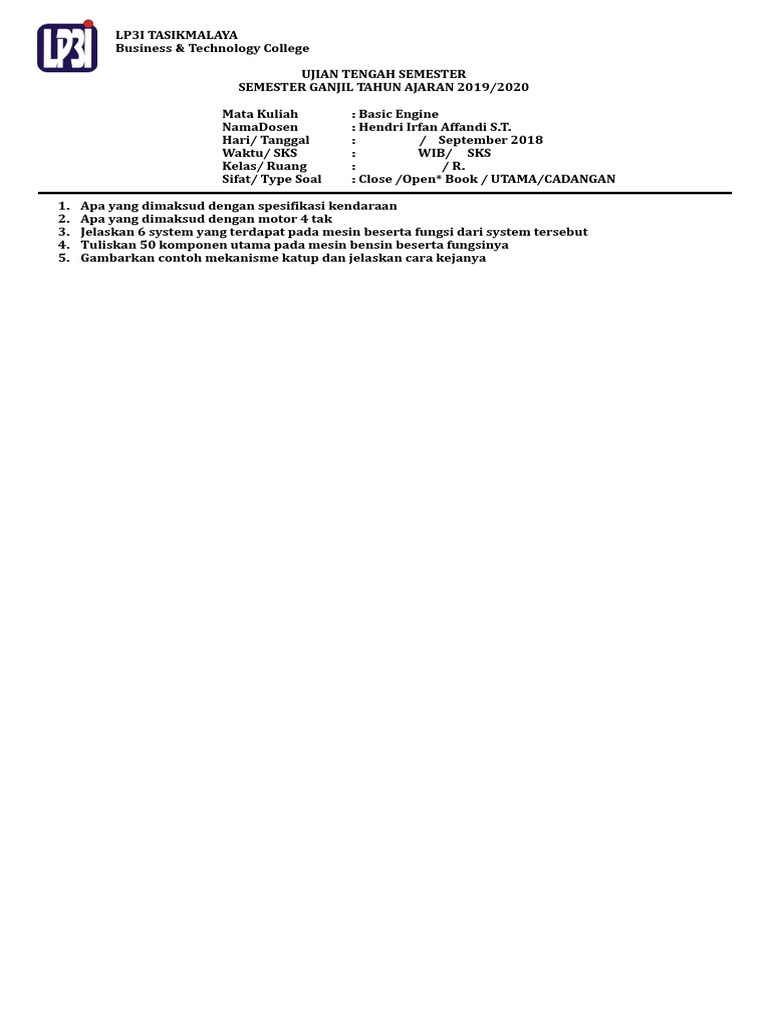 Soal UTS Basic Engine | PDF