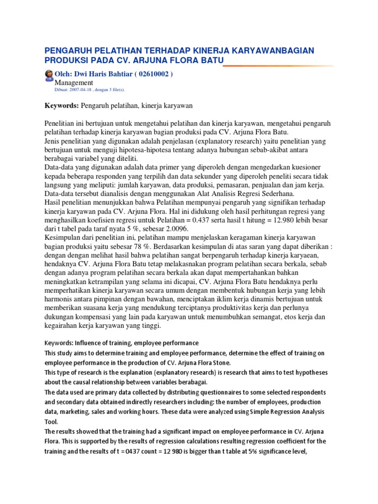 Pengaruh Pelatihan Terhadap Kinerja Karyawan Bagian Produksi Pada Cv. Arjuna Flora Batu | PDF