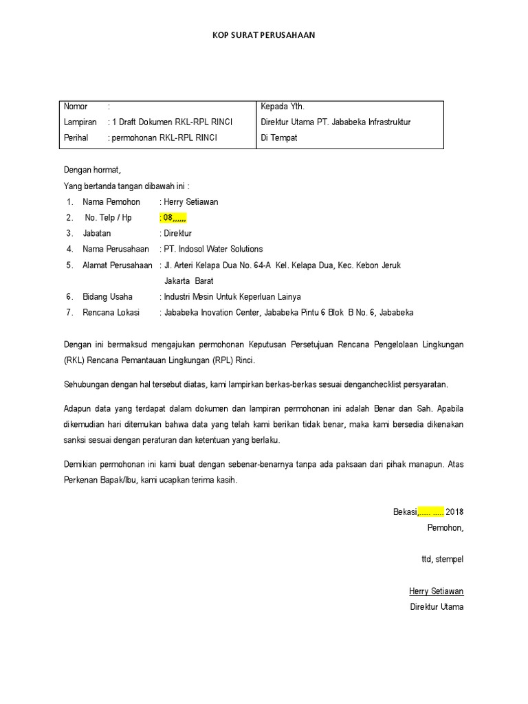 Permohonan Persetujuan RKL RP Rinci | PDF