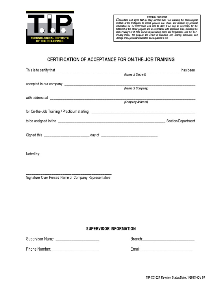 OJT Acceptance Certification Template | PDF