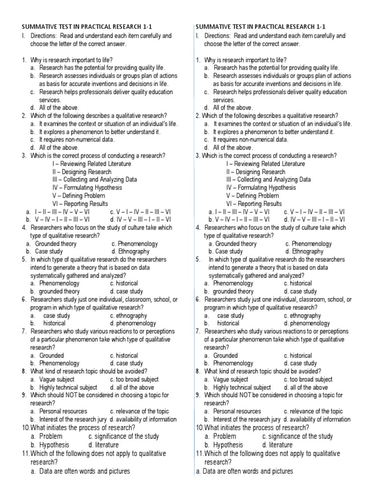 Practical Research 1 Summative Test | Qualitative Research | Case Study