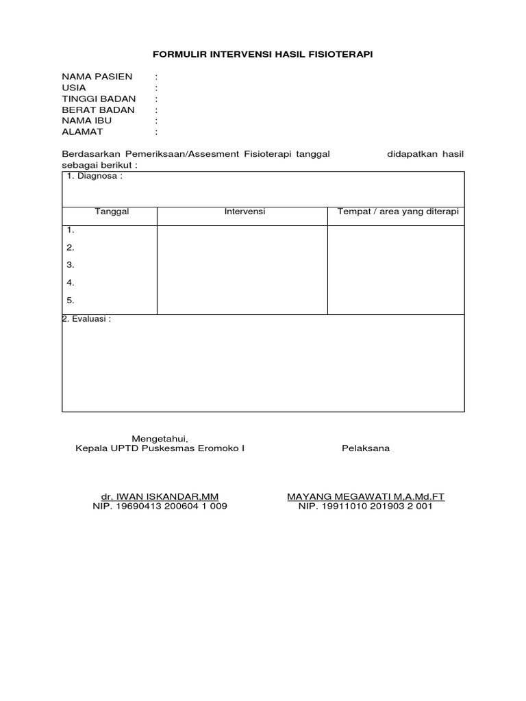 Formulir Intervensi Hasil Fisioterapi | PDF