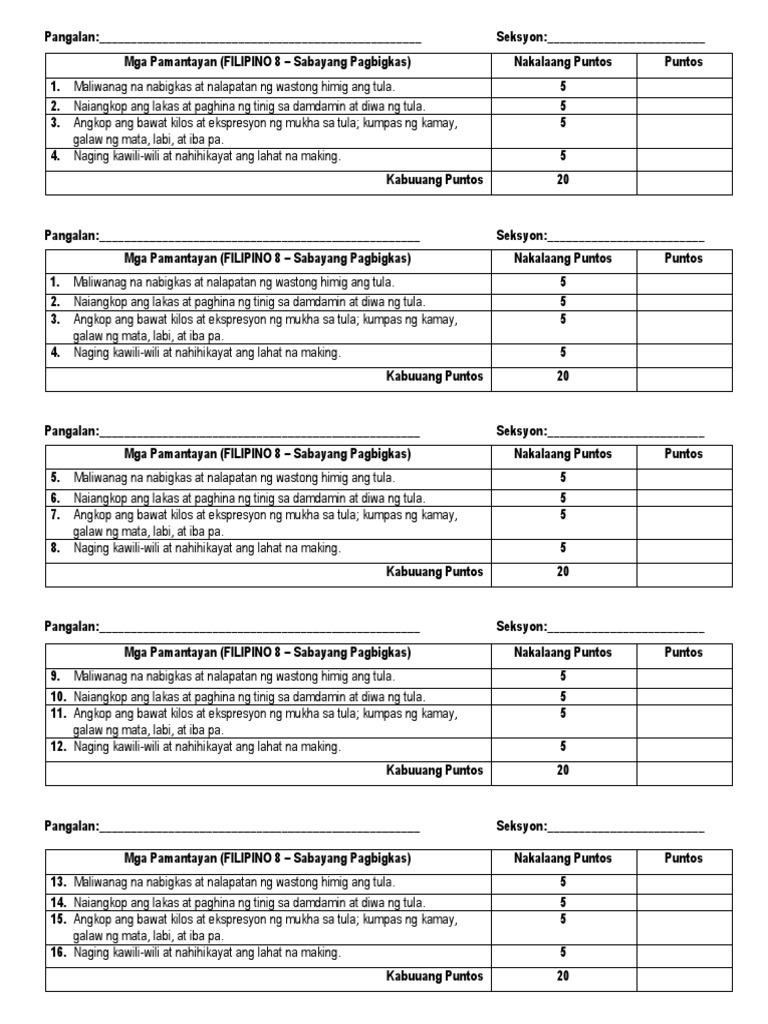 Filipino 8 Rubric - Sabayang Pagbigkas | PDF