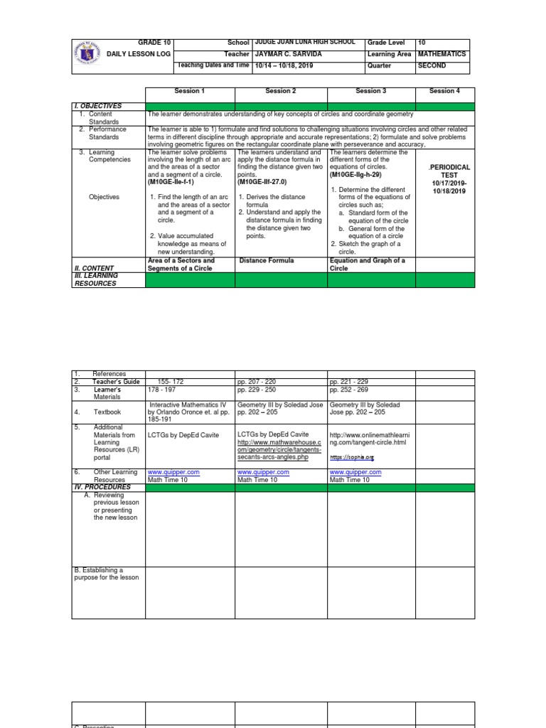 DLL Grade 10 Week 14 | PDF | Distance | Circle