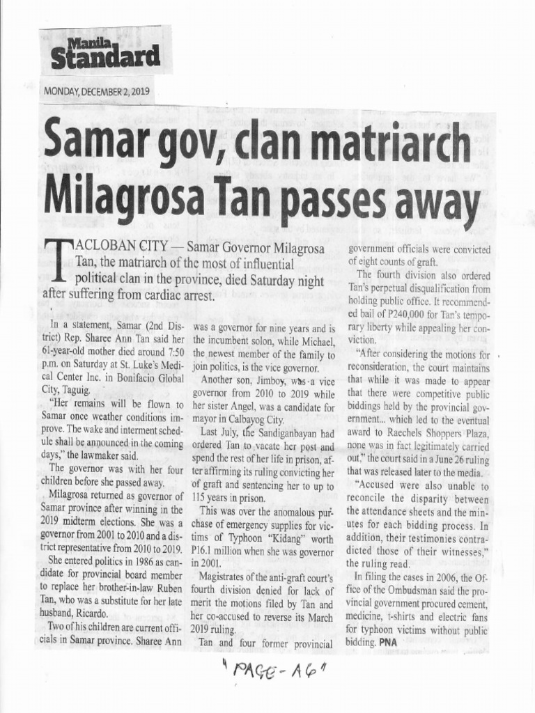 Manila Standard, Dec. 2, 2019. Samar Gov. Clan Matriarch Milagrosa Tan Passes Away PDF | PDF ...