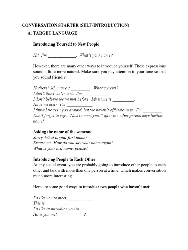 Unit 1 Conversation Starter (Self Introduction) | PDF