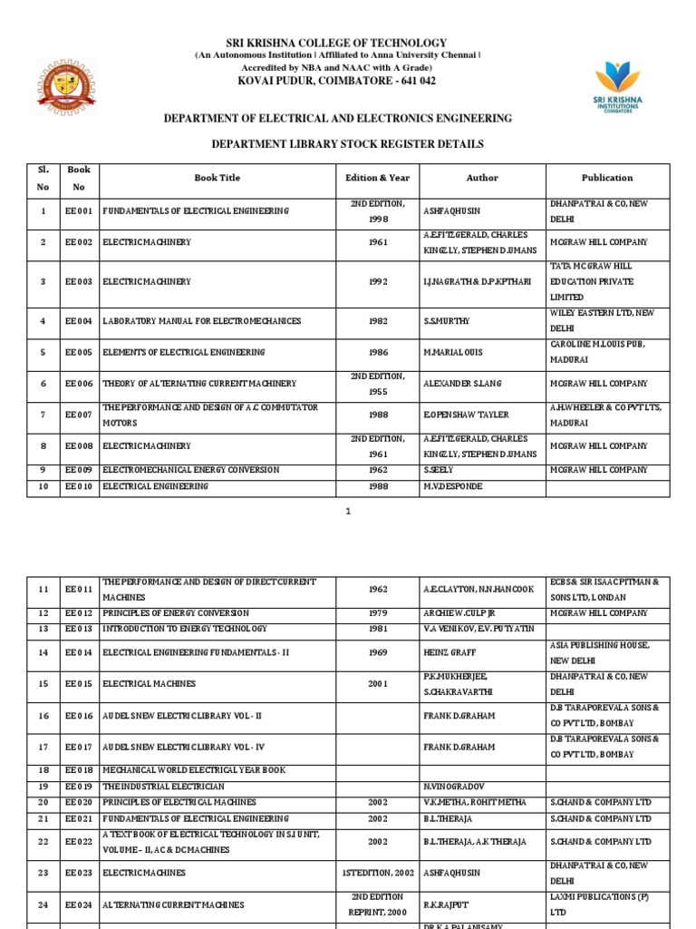 Dept Lib Stock Register | PDF | Electrical Engineering | Electronics