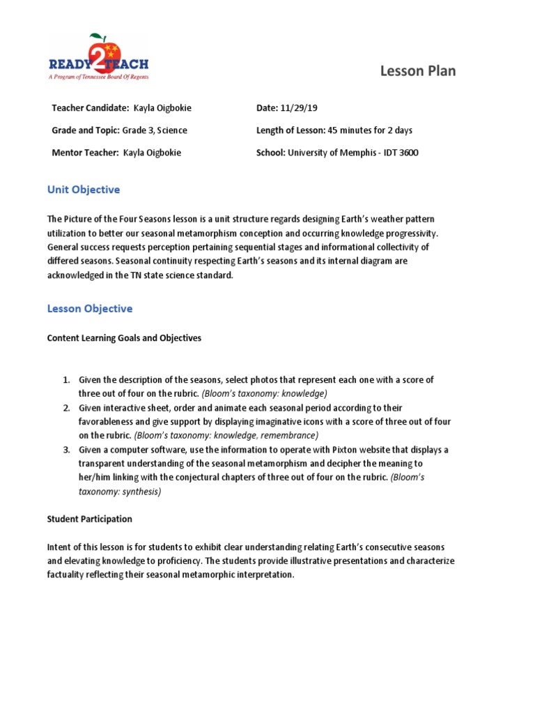 Edtpa Lesson Plan Kayla Oigbokie 2 | Download Free PDF | Graphics ...