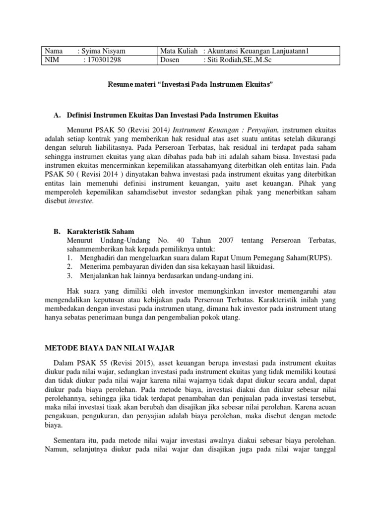 Resume Bab 2 Investasi Pada Instrumen Ekuitas (Syima Nisyam) | PDF