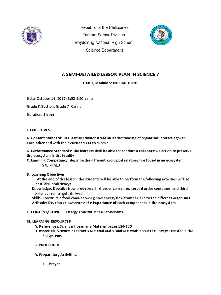 Grade 7 Ecosystem Lesson Plan | PDF | Lesson Plan | Ecosystem