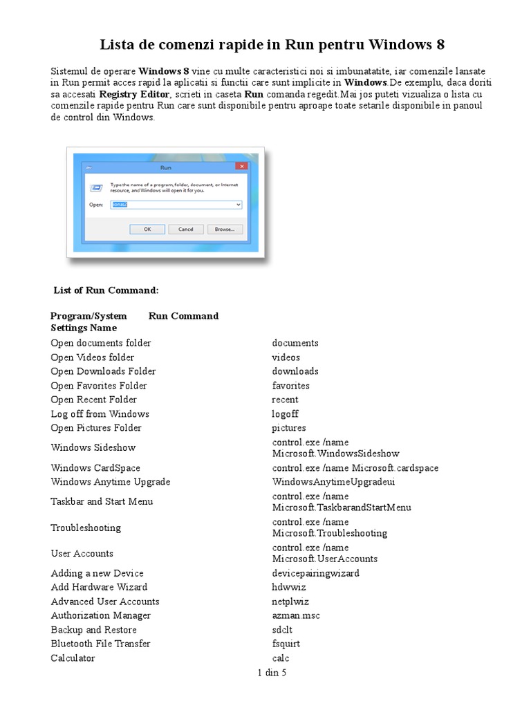 Lista de Comenzi Rapide in Run Pentru Windows 8 | PDF | Windows Registry | Microsoft Windows