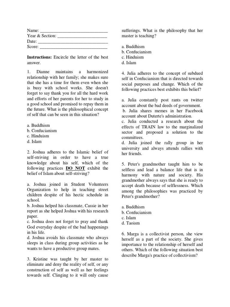 East and West Philosophy Assessment | PDF | Eastern Philosophy | Self