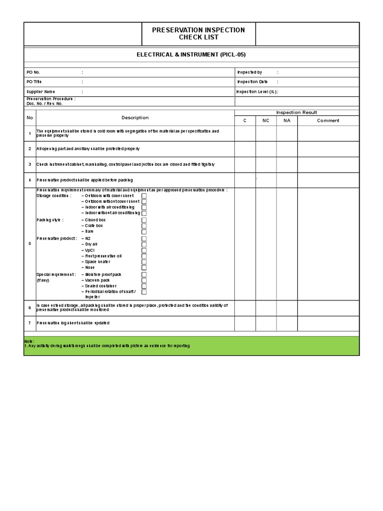 Equipment Preservation Inspection Checklist | PDF | Mechanical ...
