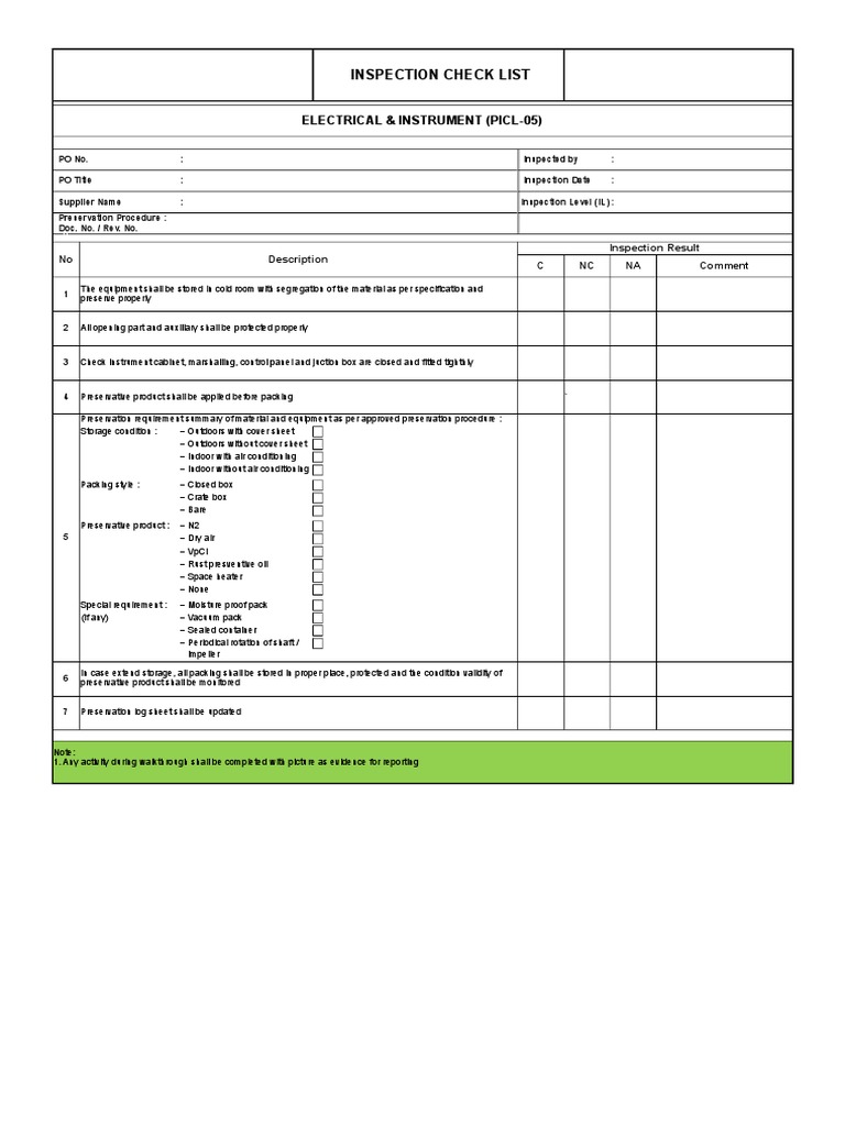 Inspection Electrical Storage Check List | PDF | Mechanical Engineering ...