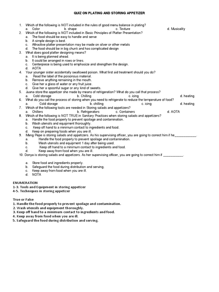 Quiz On Plating and Storing Appetizer | PDF | Refrigeration | Hors D'oeuvre