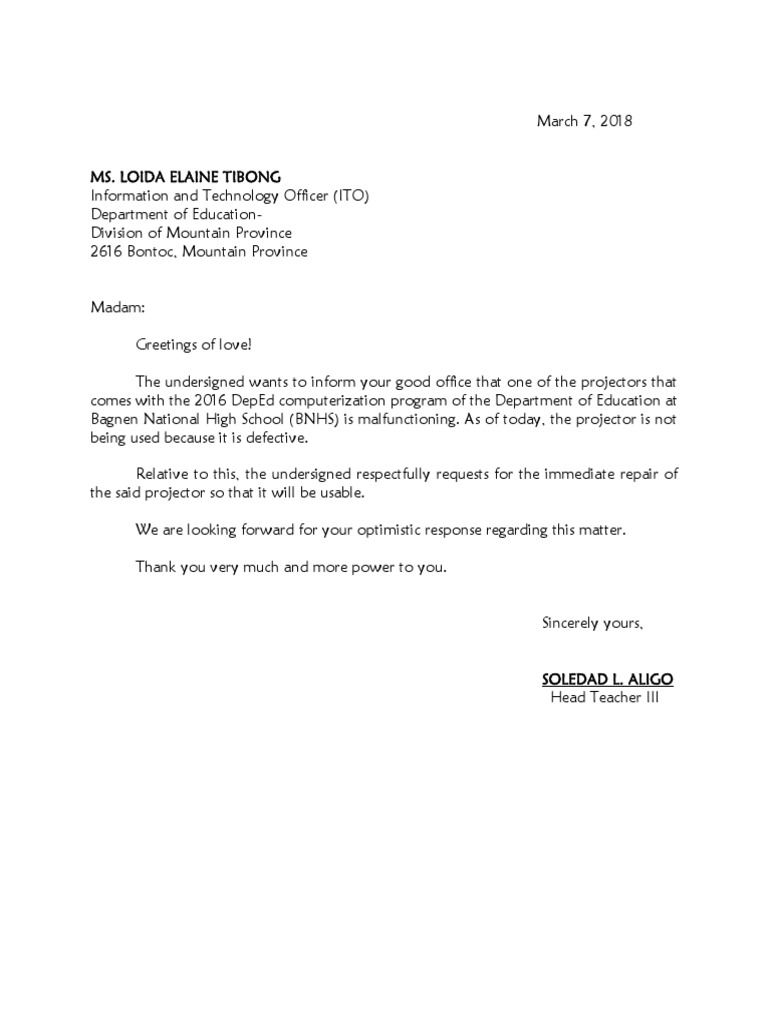 Letter Repair of Projector | PDF | Computing | Computing And ...