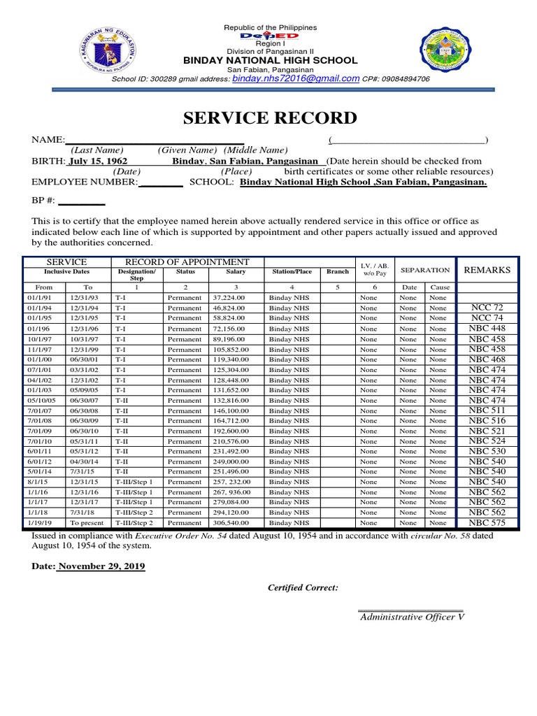 Sample Service Record DepEd | PDF | Government | Business