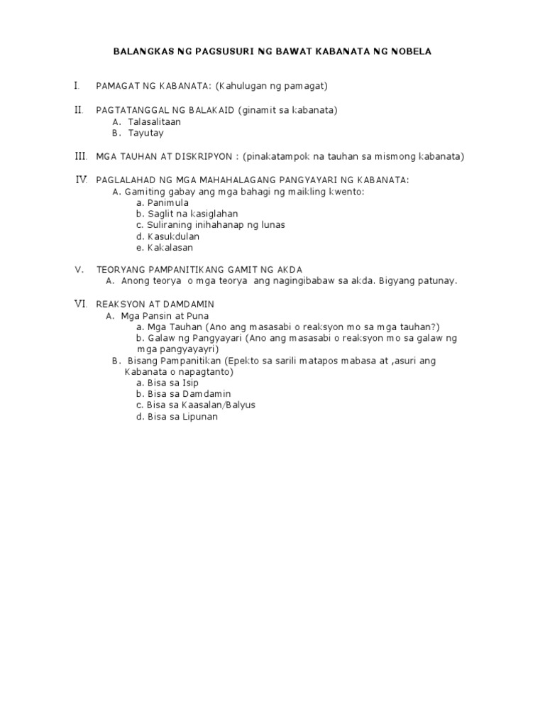 Balangkas NG Pagsusuri NG Nobela | PDF