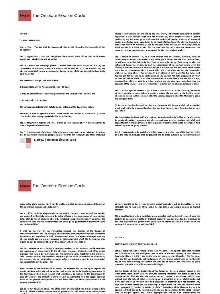 Omnibus Election Code | PDF | President Of The Philippines | World Politics