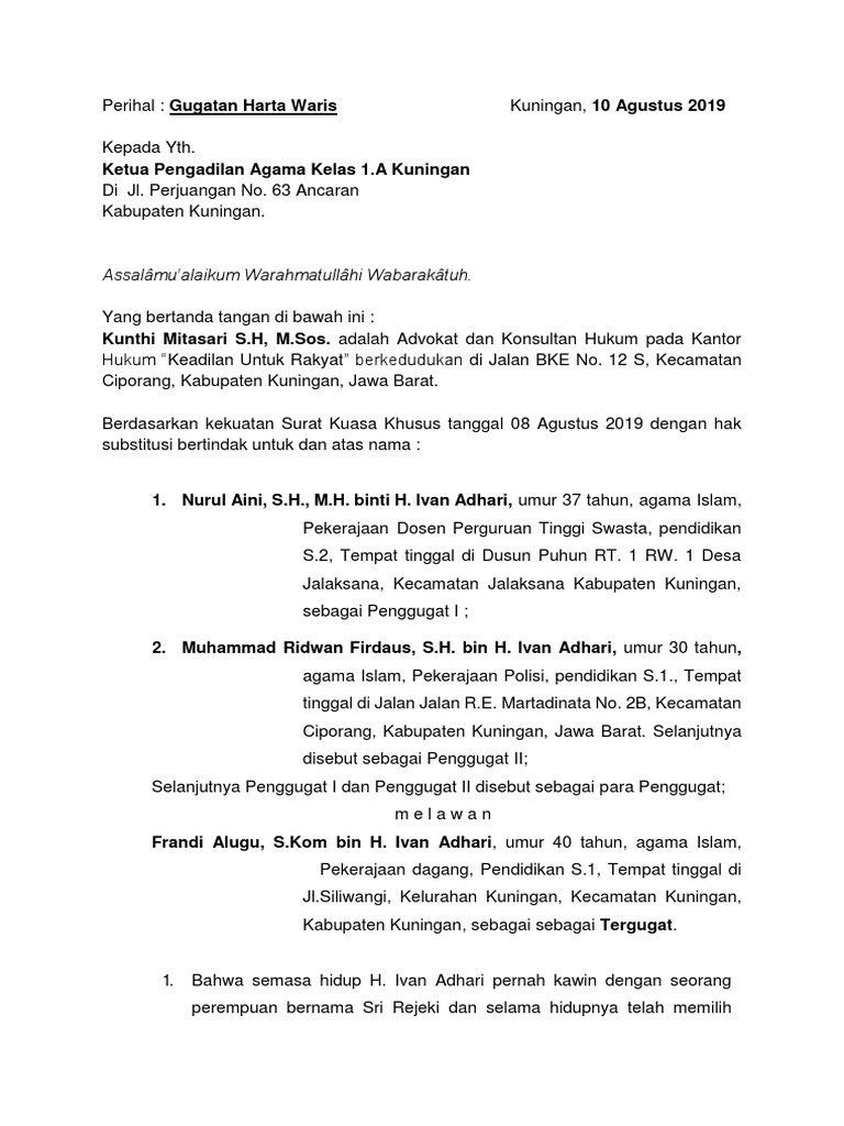 Surat Gugatan Harta Waris | PDF