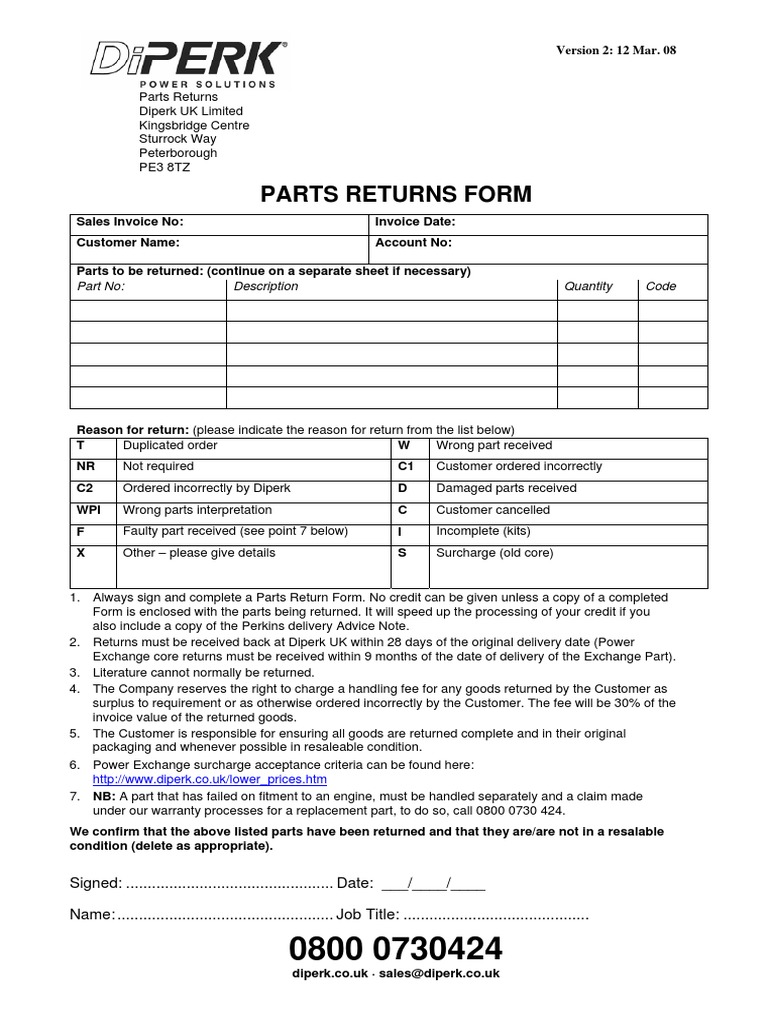 Parts Returns Form | Download Free PDF | Fee | Business