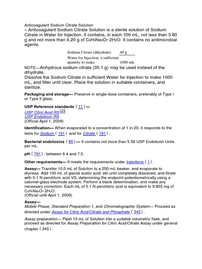 Anticoagulant Sodium Citrate Solution | PDF | Chemical Substances ...