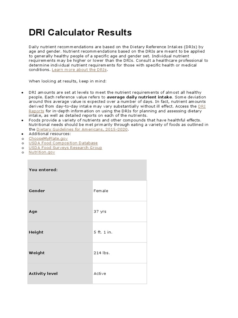 DRI Calculator Results - Daily Nutrients | PDF | Nutrients | Vitamin