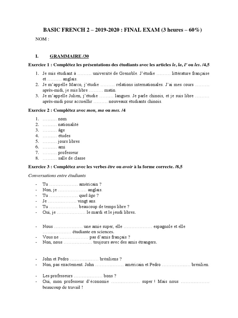 Final Exam Basic French PDF | PDF