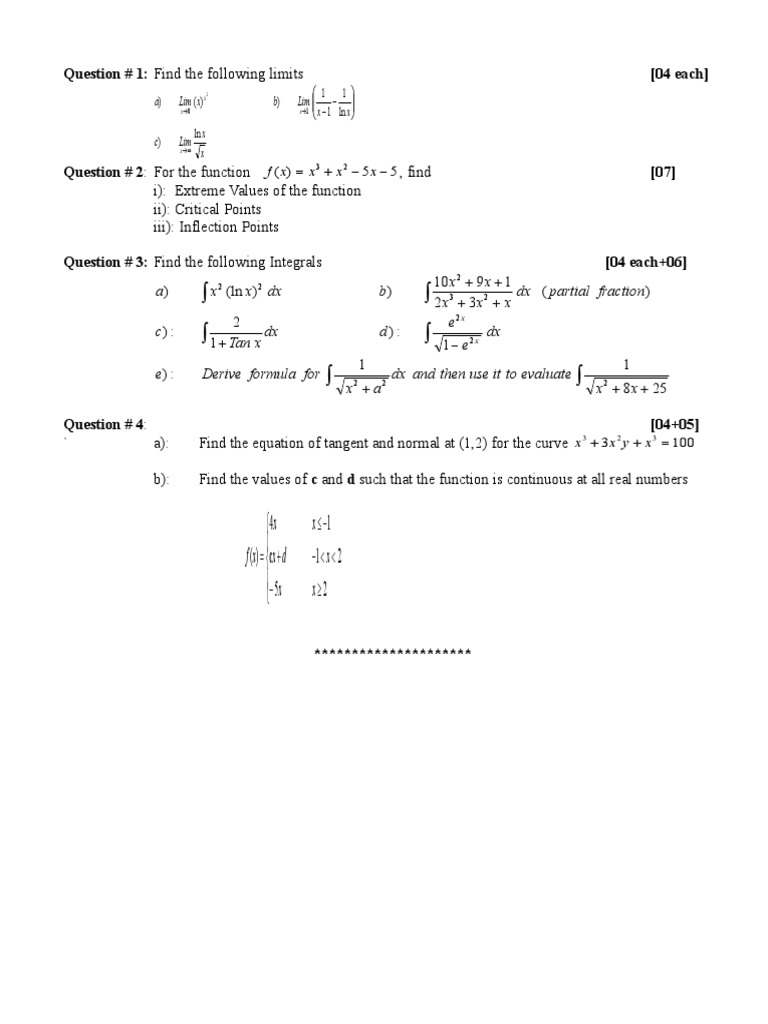 Limits, Derivatives, Integrals, and Curve Sketching Practice Problems ...