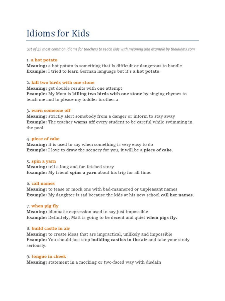 Idioms And Meanings For Kids