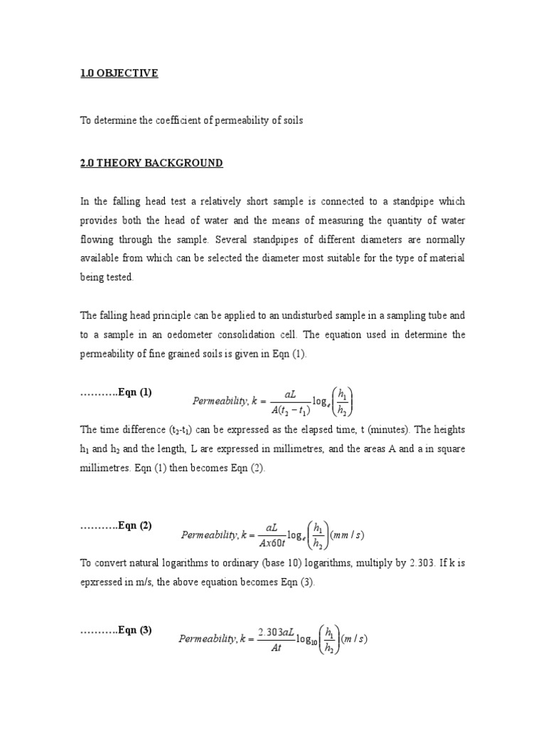 Falling Head Permeability Test Lab Report Pdf Porosity Soil