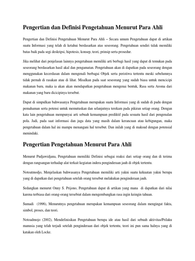 Pengertian Dan Definisi Pengetahuan Menurut para Ahli | PDF