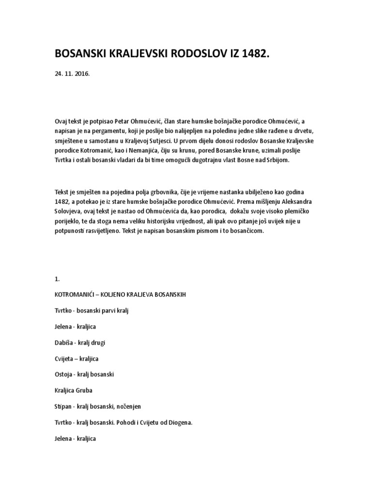 Bosanski Kraljevski Rodoslov Iz 1482.godine | PDF