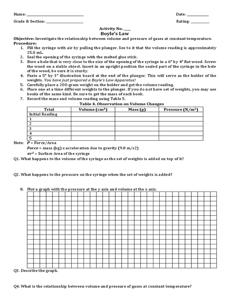Boyle's Law Experiment Worksheet | PDF