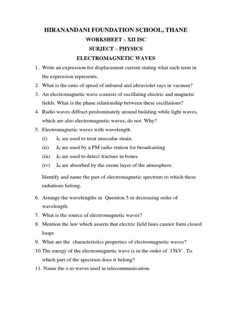 ISC Physics Worksheet on Electromagnetic Waves | PDF | Electromagnetic ...