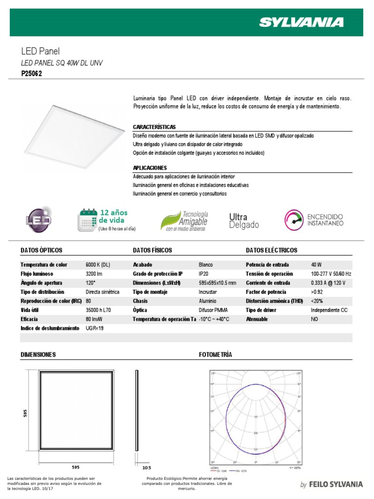 Panel LED 60x60 40W Sylvania Ficha Tecnica | PDF | Diodo emisor de luz | Encendiendo