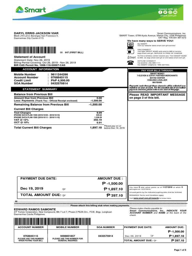 Smart Postpaid Bill Nov 2019 | Invoice | Mobile Phones