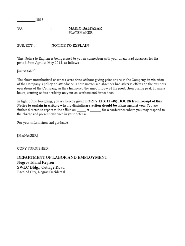 Notice To Explain For Absence Without Leave Pdf