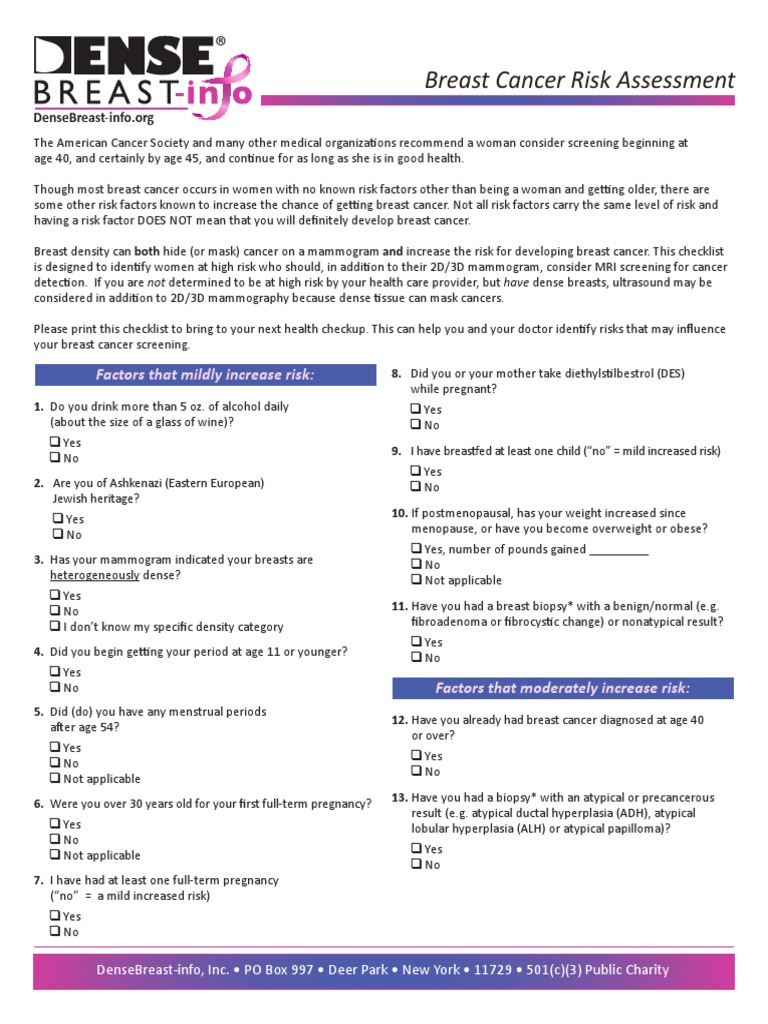 Breast Cancer Risk Assessment Checklist | PDF | Breast Cancer | Mammography