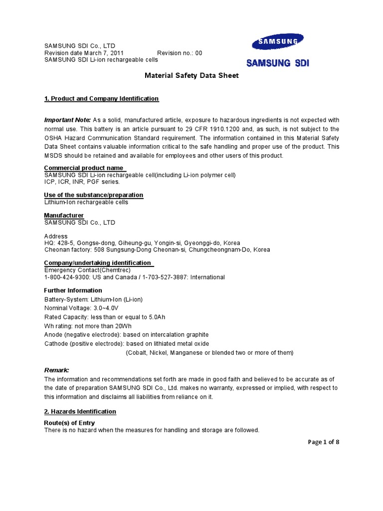 Samsung SDI Li-ion Battery MSDS | PDF | Lithium Ion Battery | Dangerous ...
