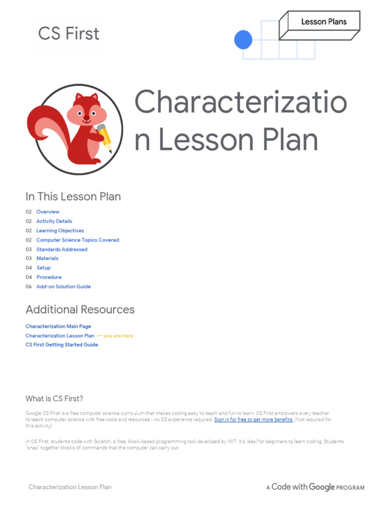 Coding Characterization for Kids | PDF | Lesson Plan | Scratch ...
