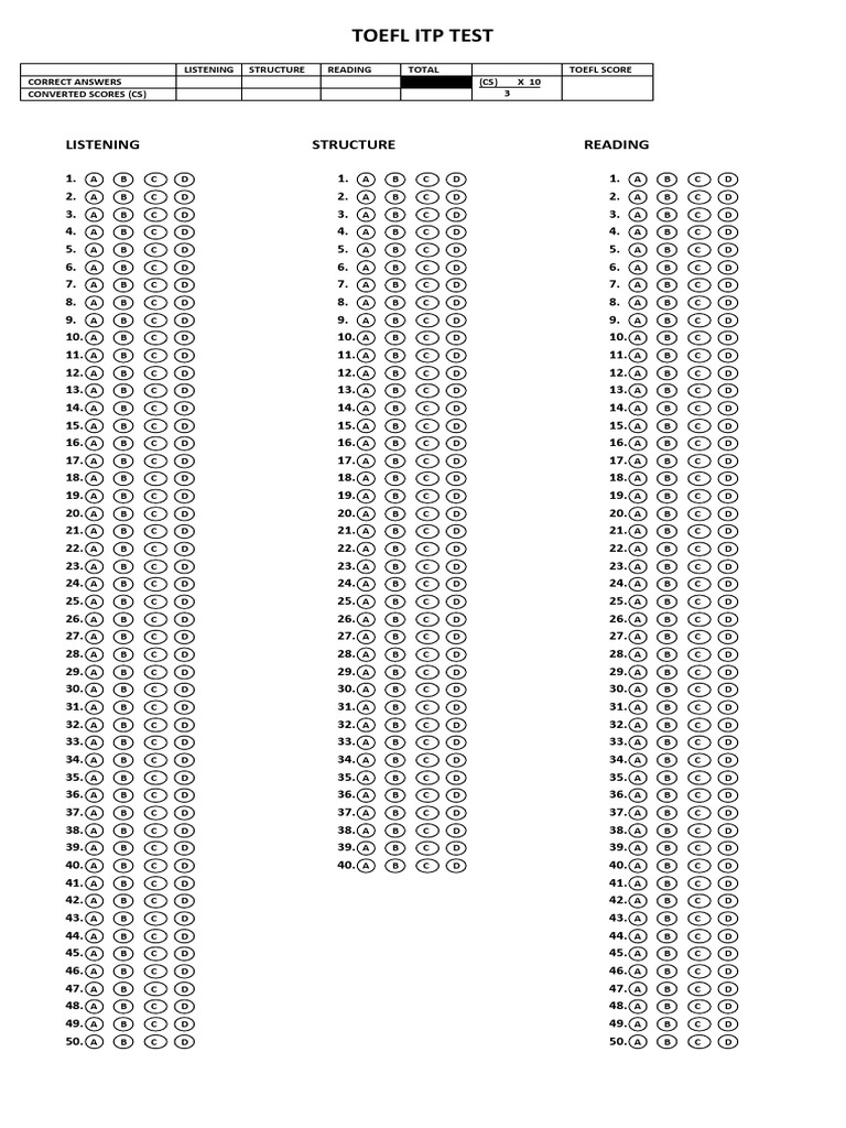 TOEFL Itp Test Answer Sheet | PDF | Test Of English As A Foreign ...