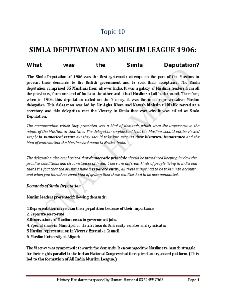 Hist Topic 10 Simla Deputation and Muslim League 1906 PDF | PDF | All ...