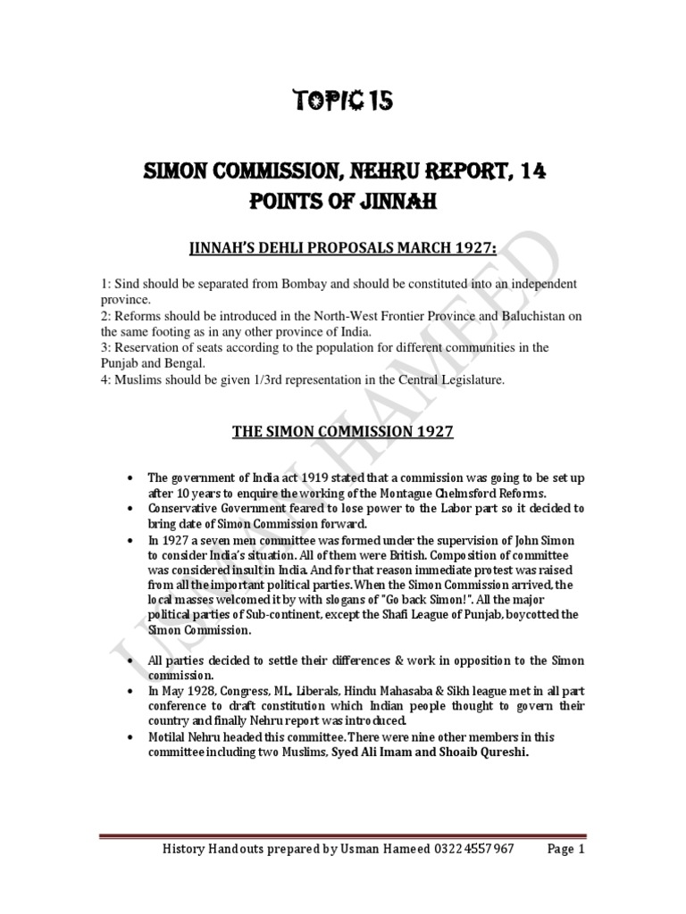 Hist Topic 15 Simon Commission Nehru Report 14 Points of Jinnah PDF ...