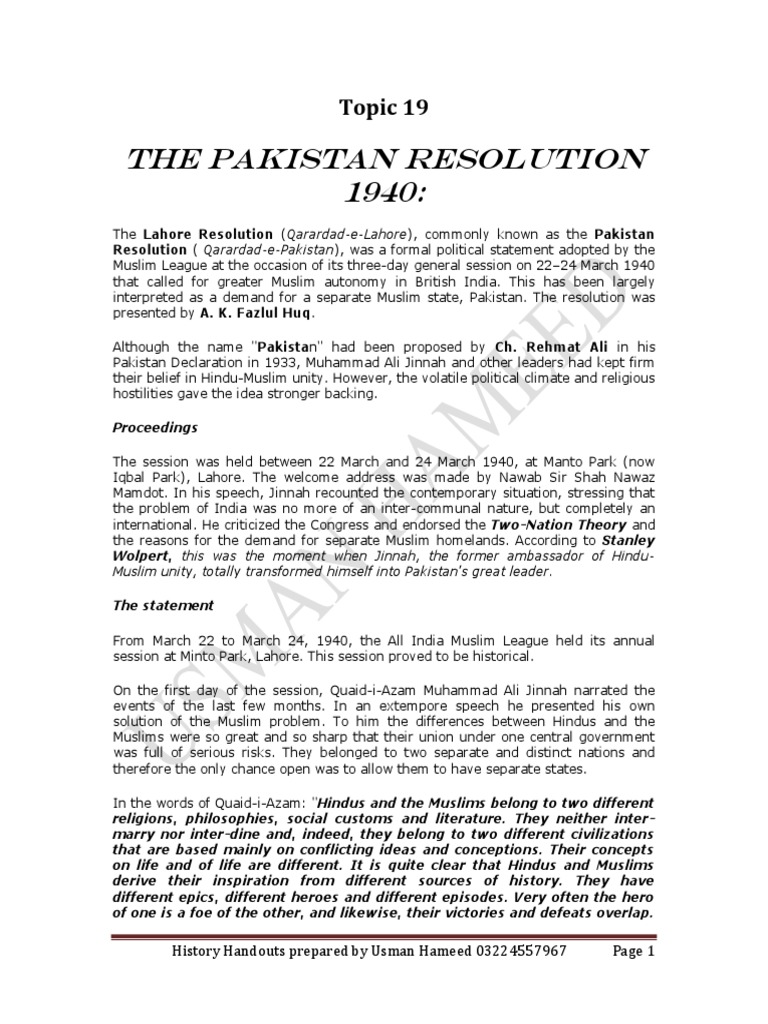 HIST TOPIC 19 The Pakistan Resolution 1940 PDF | PDF | All India Muslim ...