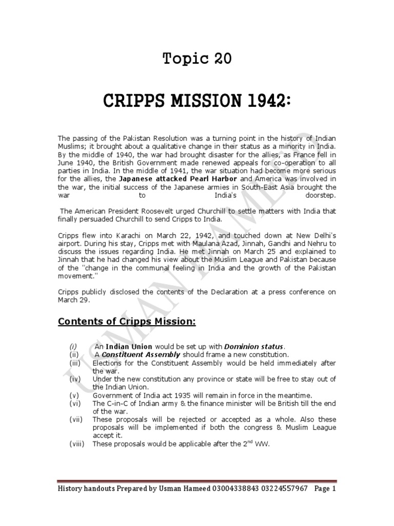 Hist Topic 20 Cripps Mission 1942 PDF | Download Free PDF | Partition ...