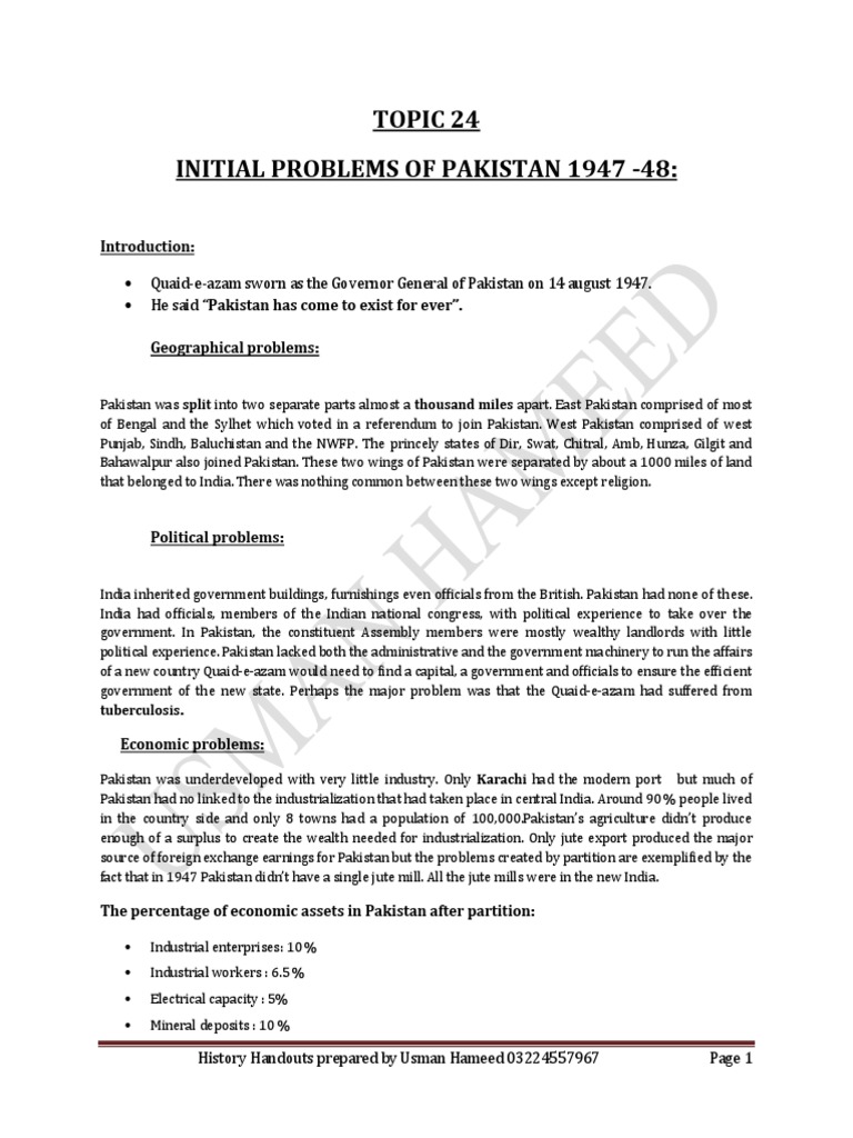 Hist Topic 24 Initial Problems of Pakistan 1947 48 2 PDF | PDF ...